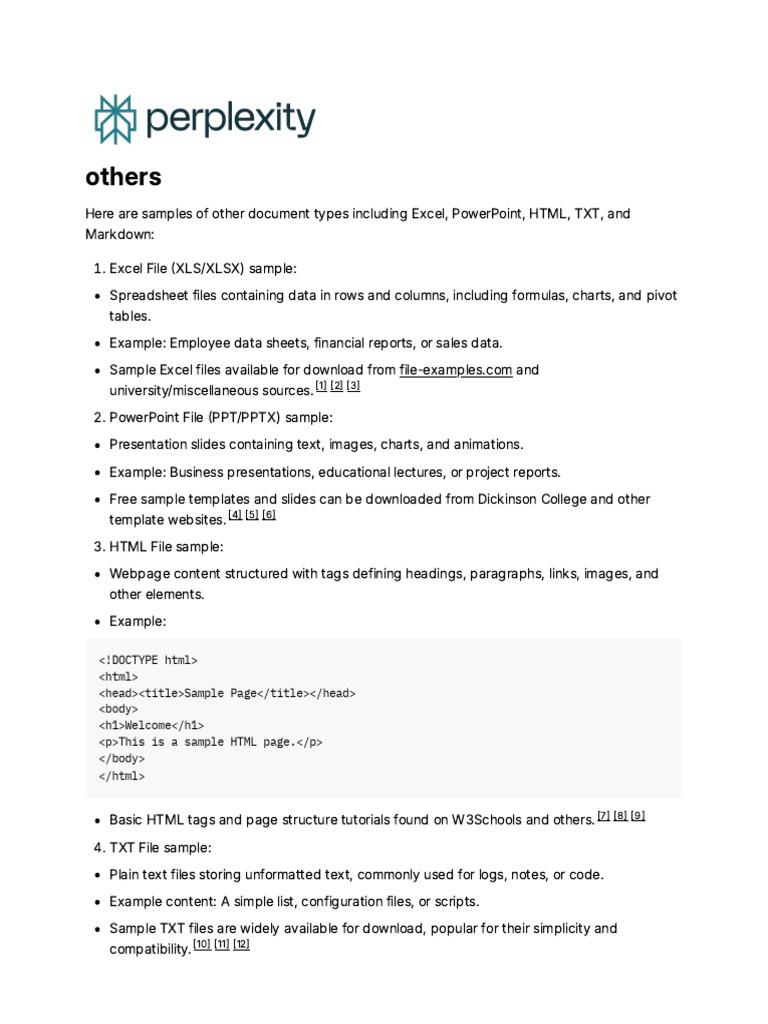 Document Type Samples: Excel, PPT, HTML | PDF | Microsoft Excel | Html