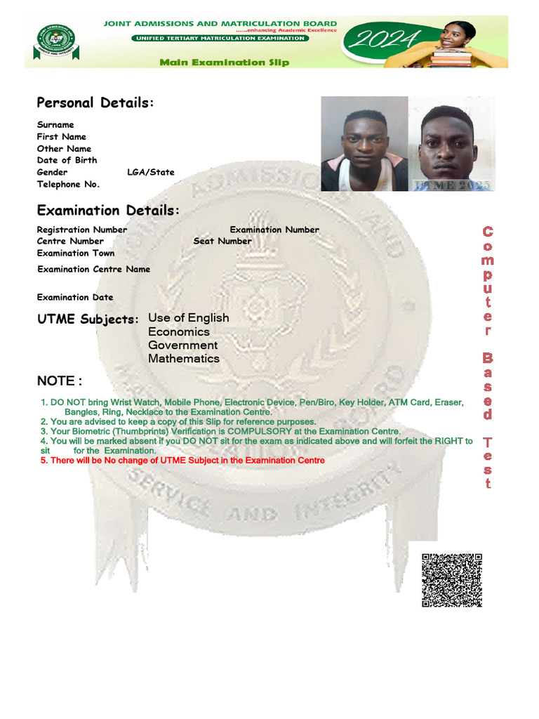 UTME Examination Slip for Michael Agada | PDF
