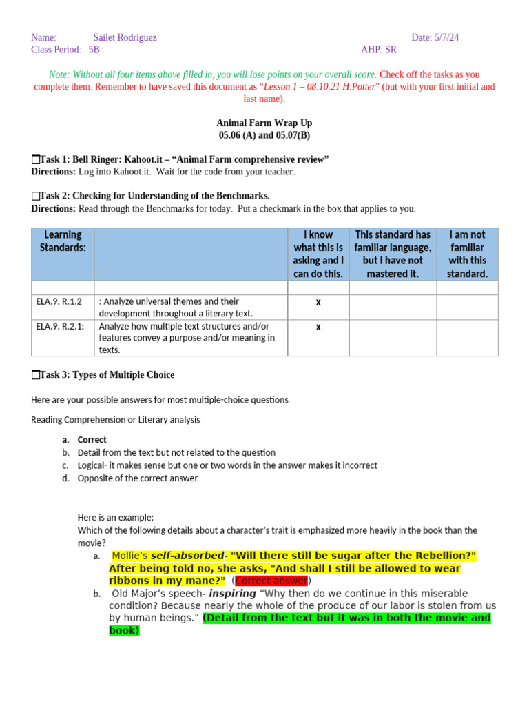 Animal Farm Lesson Plan Overview | PDF | Multiple Choice | Learning