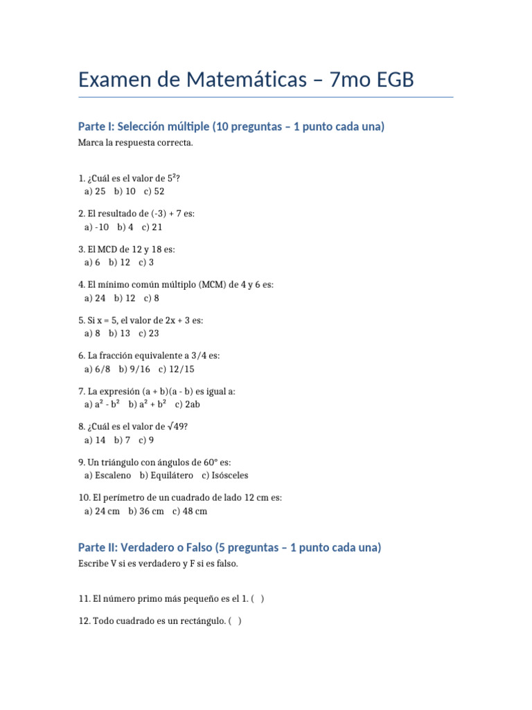Examen Matematicas 7mo | PDF