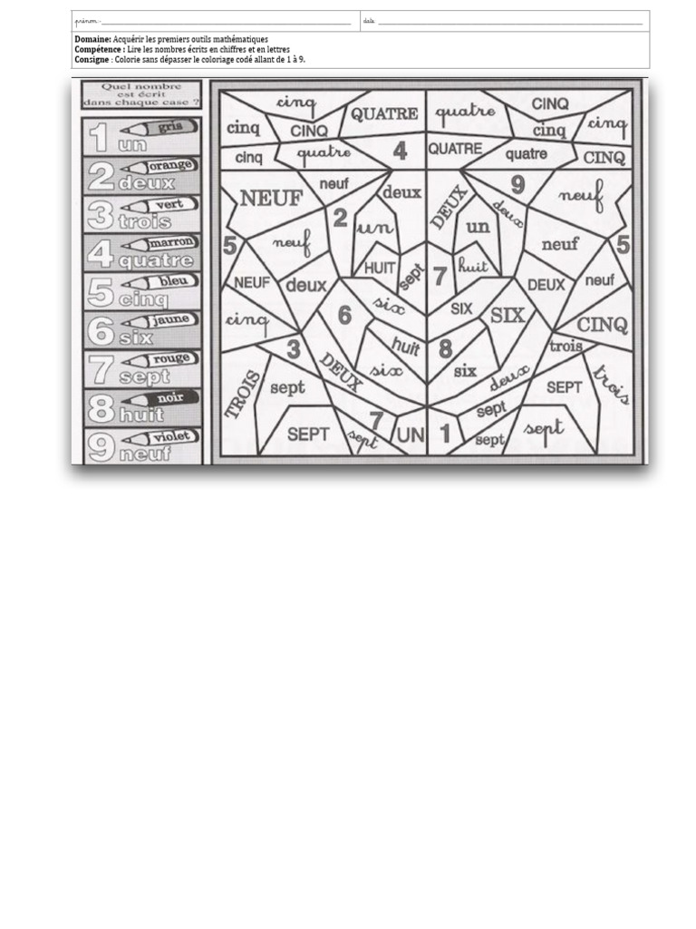 Coloriage Codé Nombres Écrits de Un À 9 | PDF