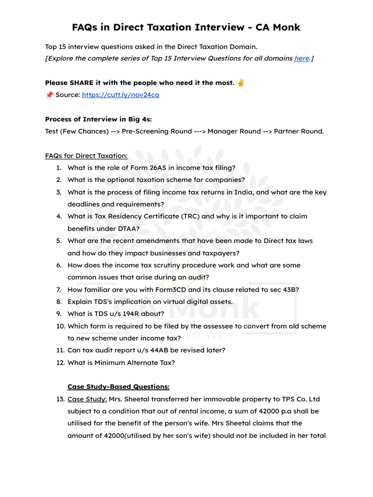 Top 15 Interview Questions - Direct Taxation FAQs - CA Monk | PDF ...