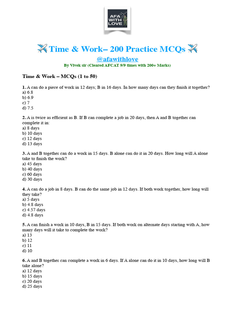 Time & Work - Top 200 Practice MCQs | PDF | Chess | Chess Theory