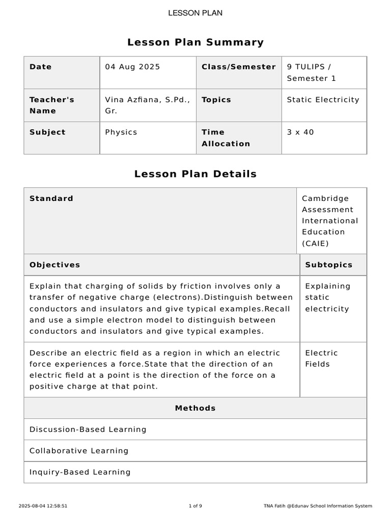 Static Electricity Lesson Plan | PDF | Electron | Electric Charge