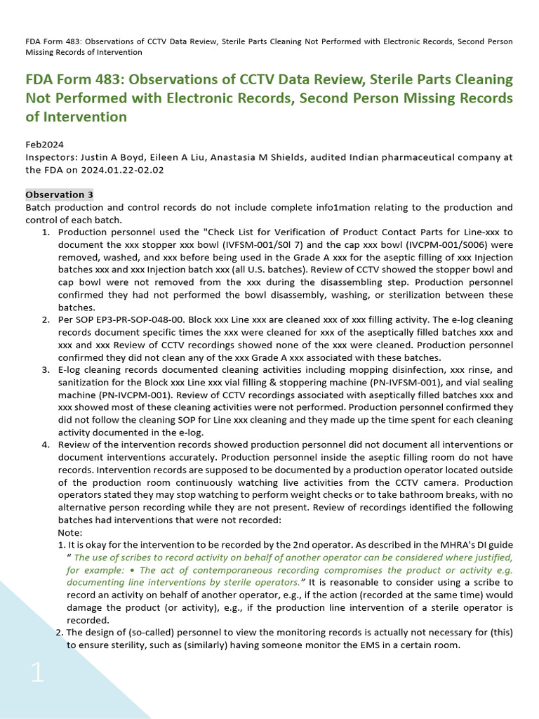 FDA 483 Observations: CCTV & Records Issues | PDF | Closed Circuit ...