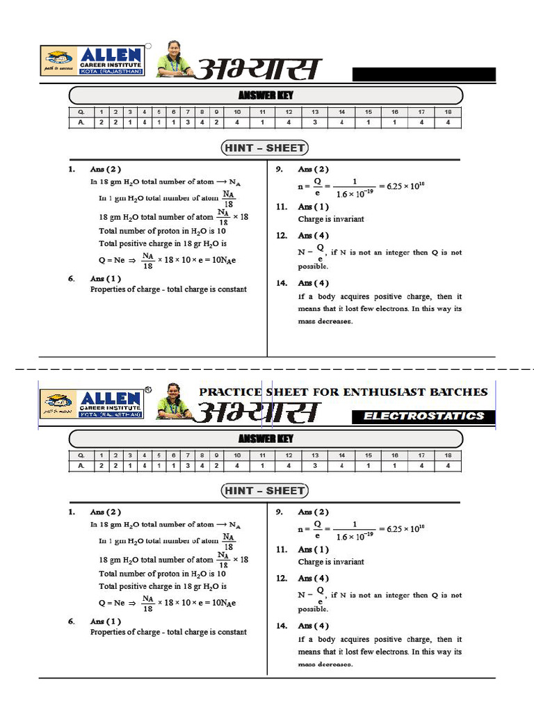 Enthu - Abhyas Sheet # 1 (Electrostatics) Answer Key | PDF