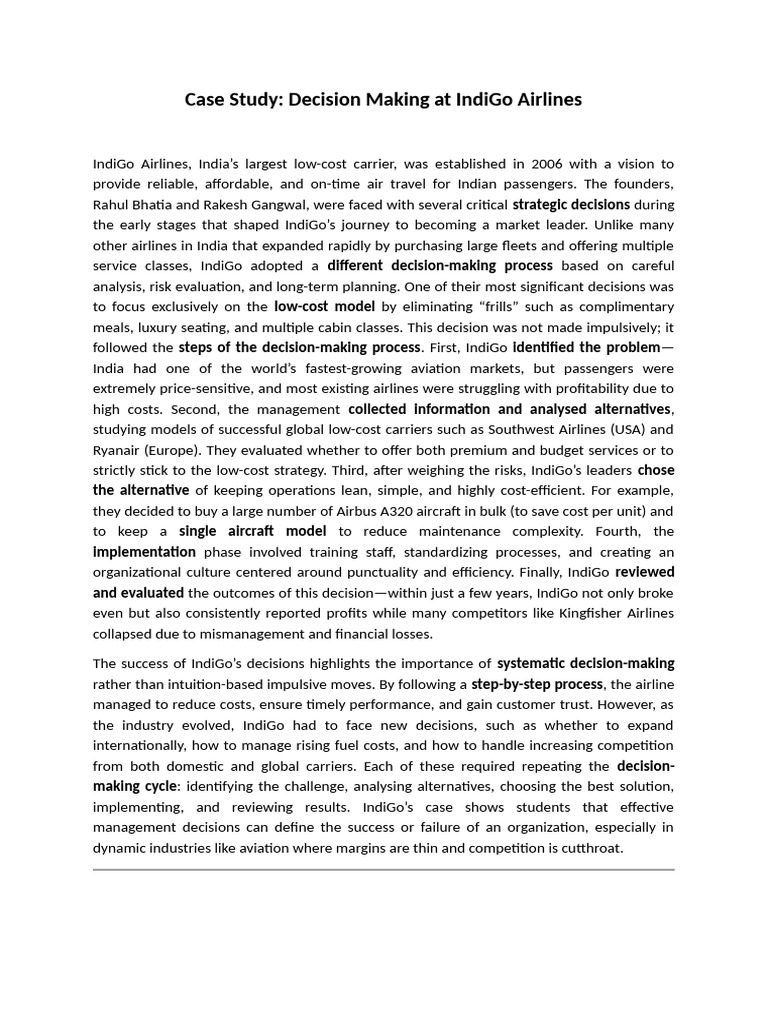 Case Study IV - IndiGo Decision Making Process | PDF | Business | Airlines