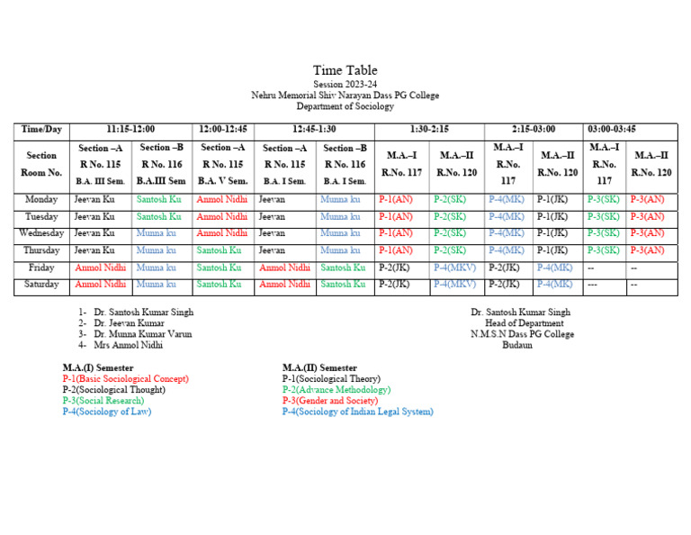 Time Table 2023-24 | PDF | Liberal Arts Education
