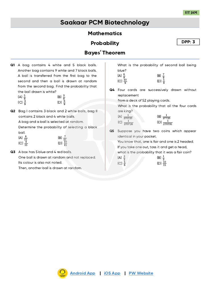 Probability - DPP 03 (Of Lec 05) - Saakaar PCM Biotechnology | PDF | Measure Theory ...