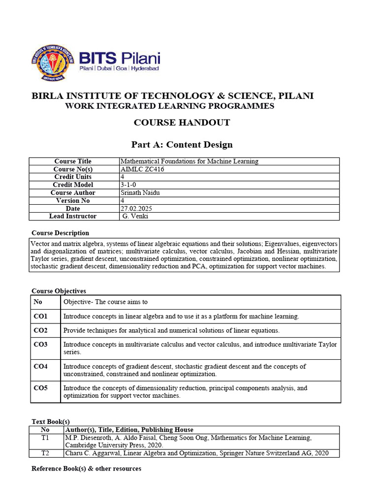 Aiml ZC416 Course Handout | PDF | Mathematical Optimization | Principal Component Analysis