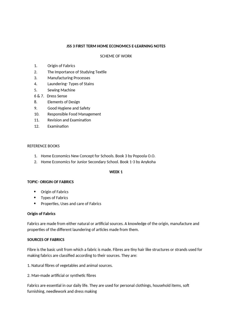 JSS3 Home Economics: Textile Overview | PDF | Textiles | Textile ...