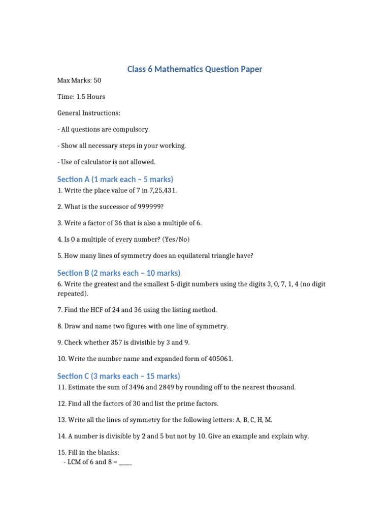 CBSE Class6 Math Question Paper | PDF