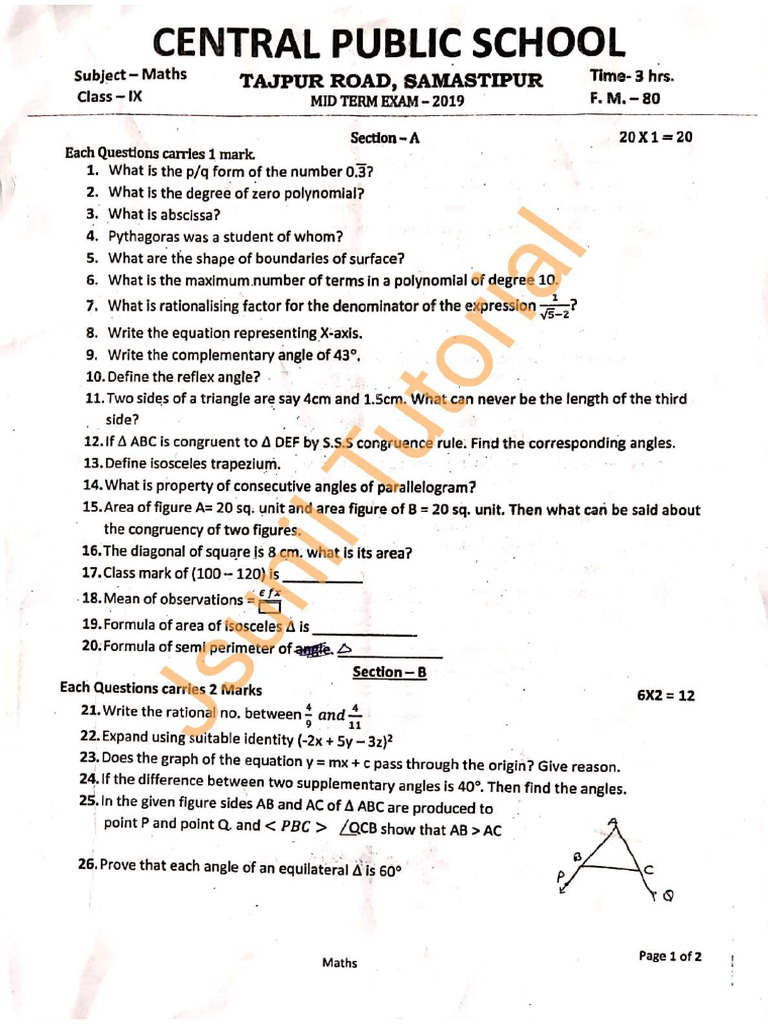 9th Math Question Papers Mid Term Cps 2019-20 | PDF