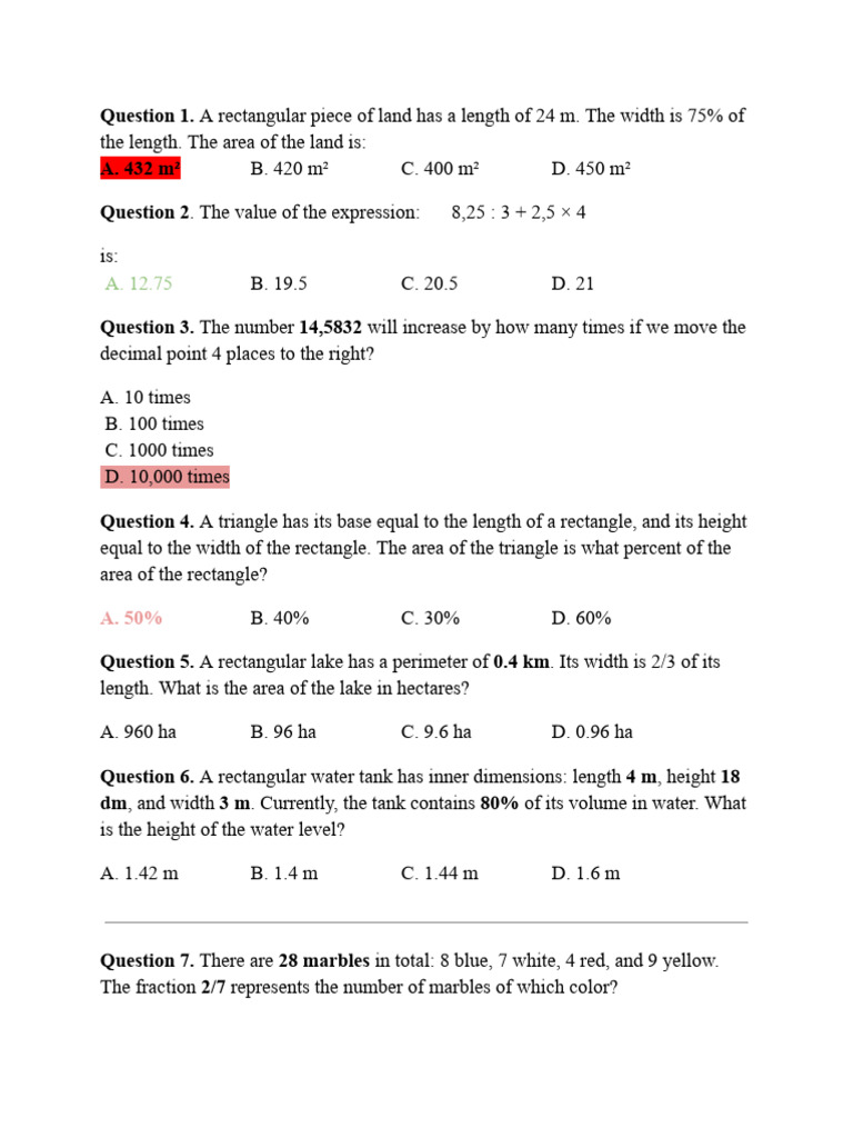 Math Problem Set with Solutions | PDF | Length | Area
