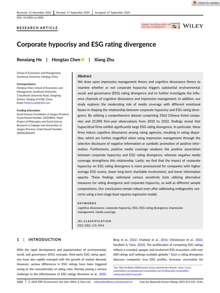 Journal - 2024 Corporate Hypocrisy and ESG Rating Divergence | PDF ...