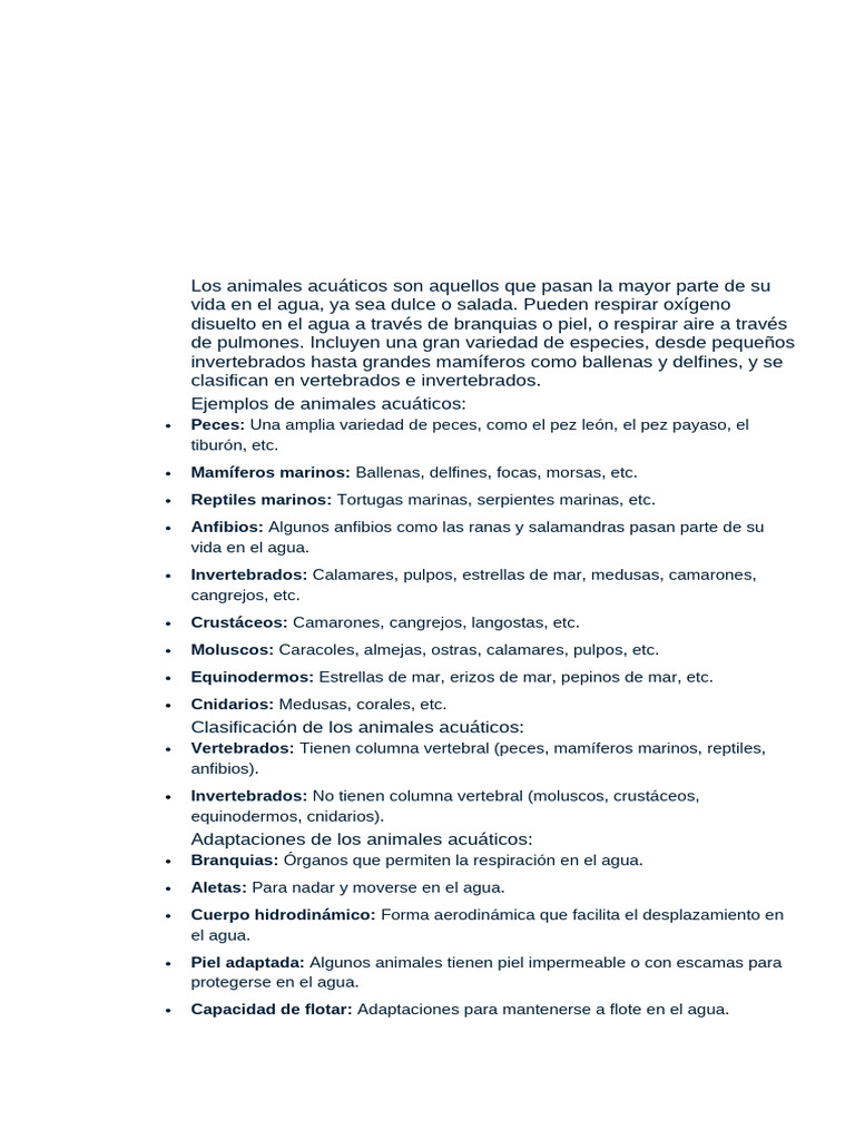 Animales Acuáticos Tipos Y Adaptaciones Pdf