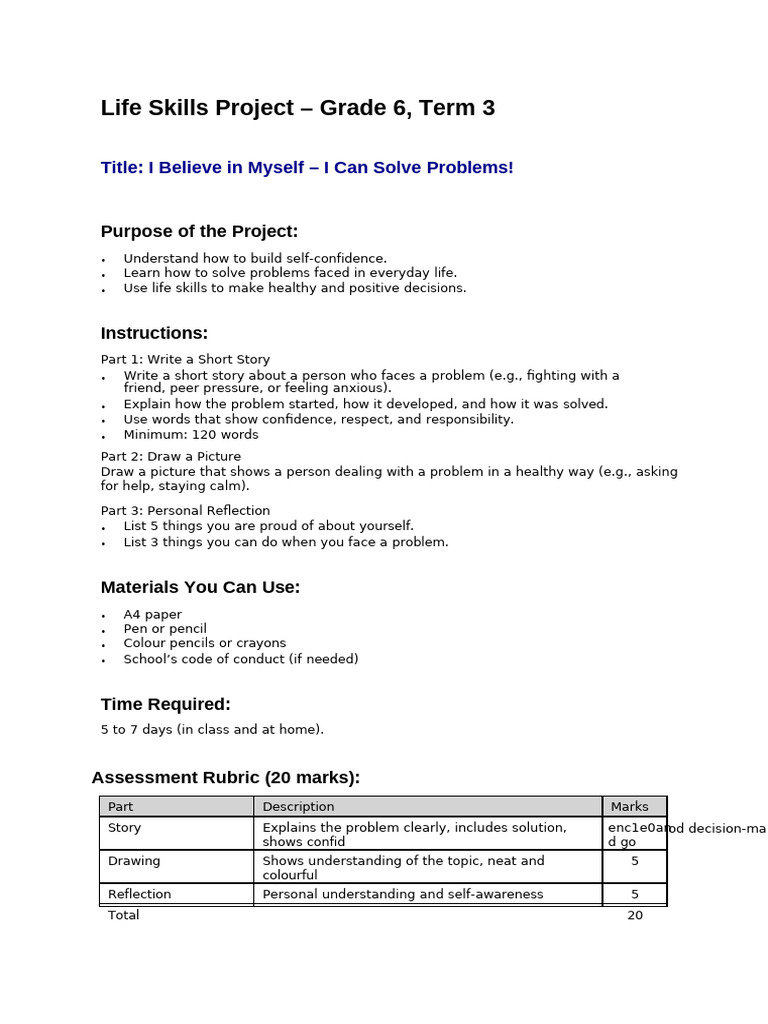 Life Skills Grade 6 Term 3 Project | PDF