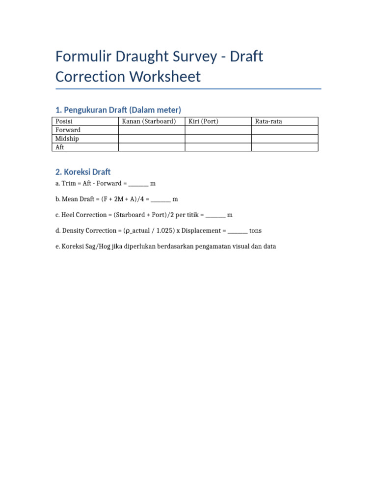 Draught Survey Draft Correction Worksheet | PDF