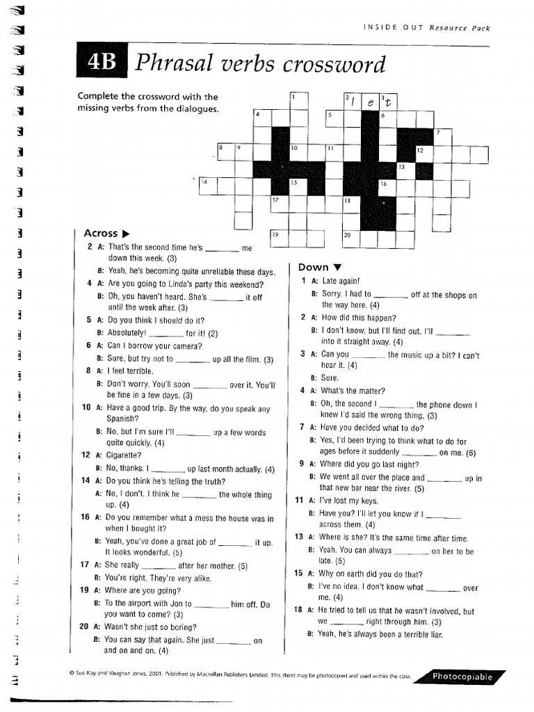 4B Phrasal Verbs Crossword 1 Editable | PDF