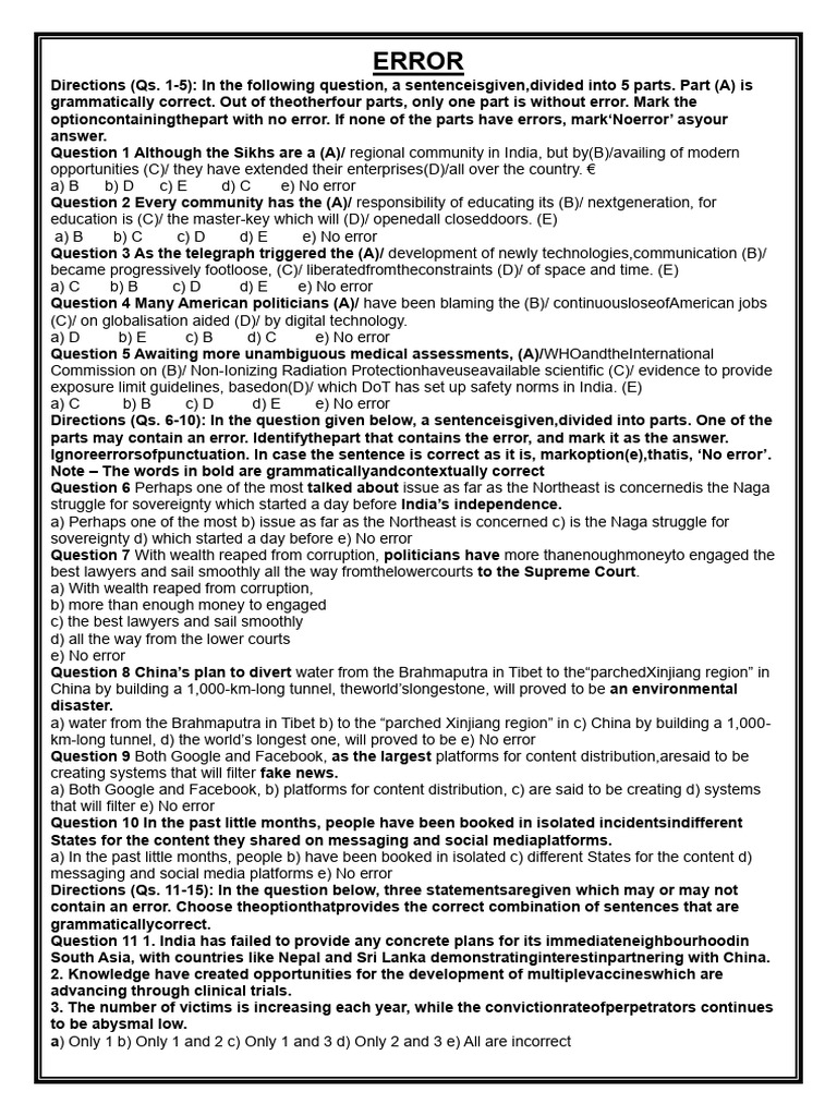 Error Spotting Sheet Test 3, 5 & 9 Home Work 14.07.25 | PDF | Verb | Noun