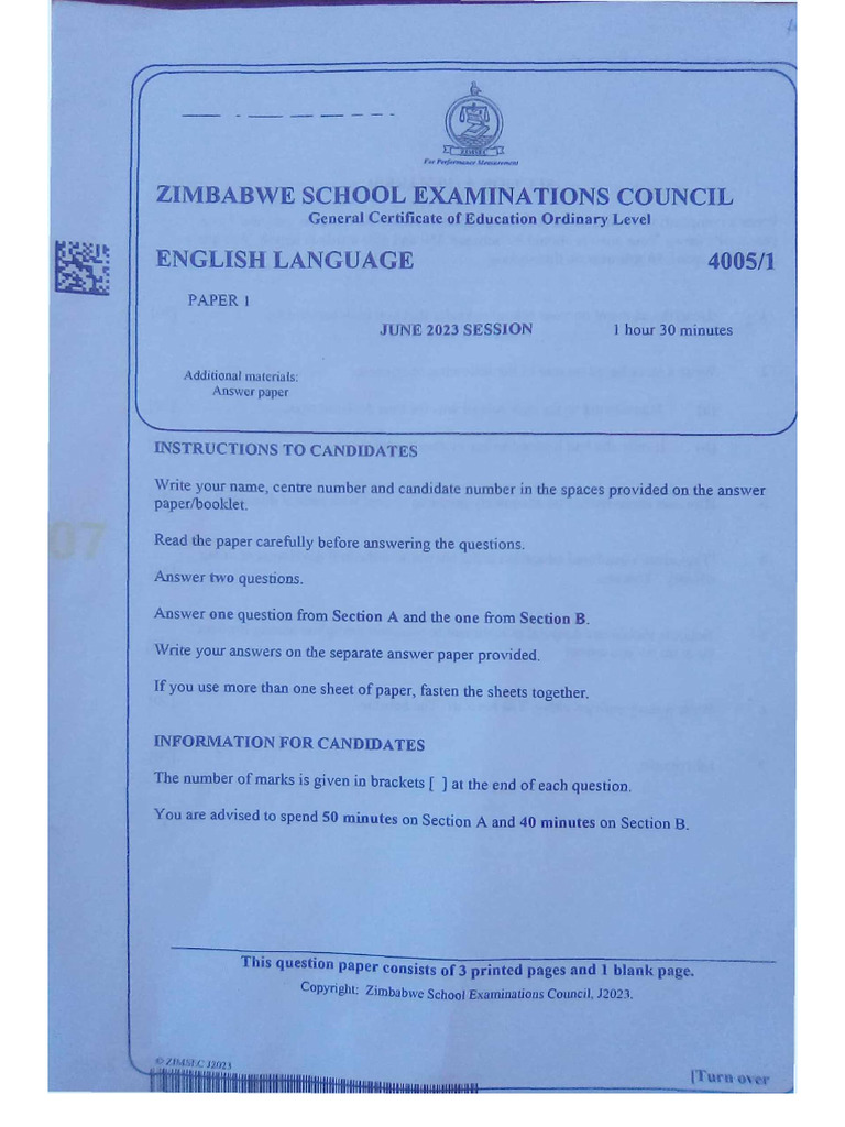 ZIMSEC O Level English Paper 1 2023 | PDF