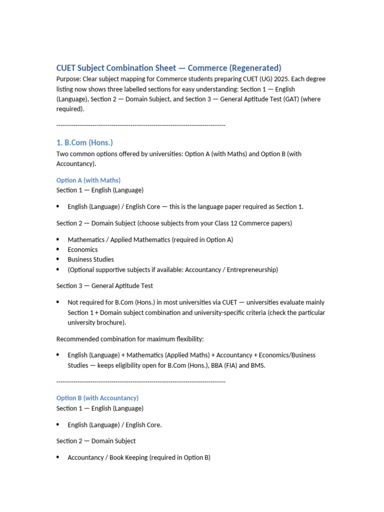 CUET Subject Combinations for Commerce | PDF | Mathematics