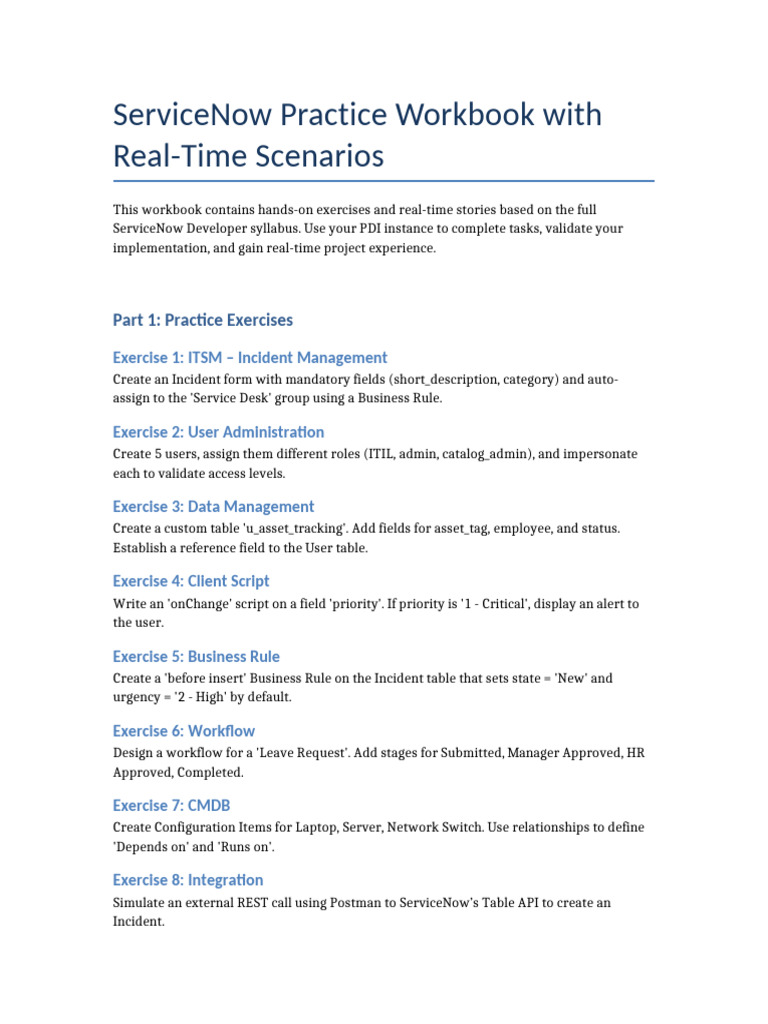 ServiceNow Practice Workbook Exercises | PDF