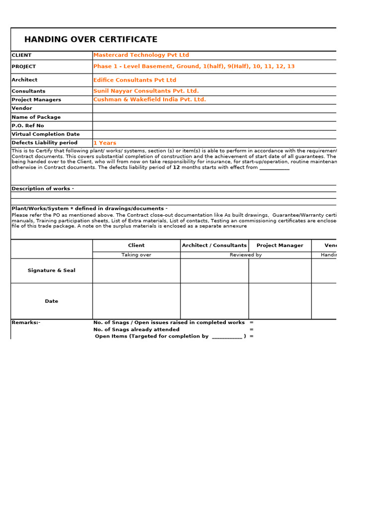 Handing Over Certificate Format | PDF