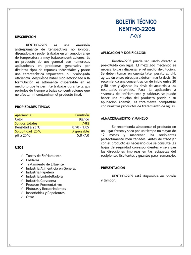 Emulsión Antiespumante Kentho-2205 | PDF