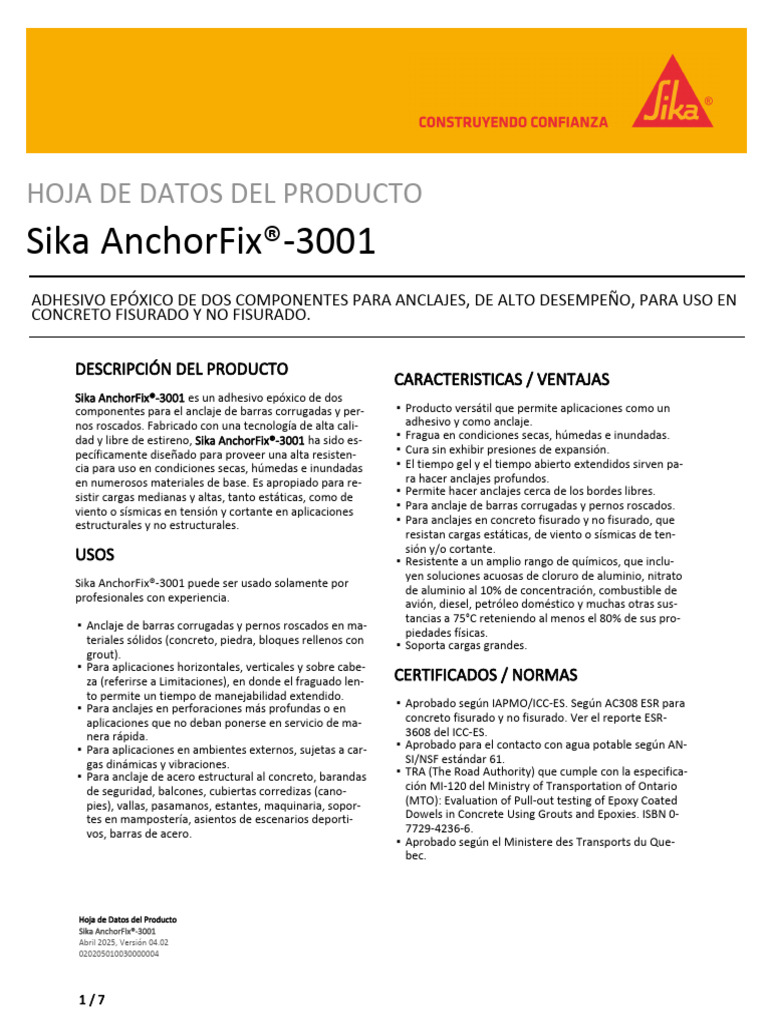 Ficha Técnica Sika AnchorFix®-3001 | PDF | Perforación | Hormigón