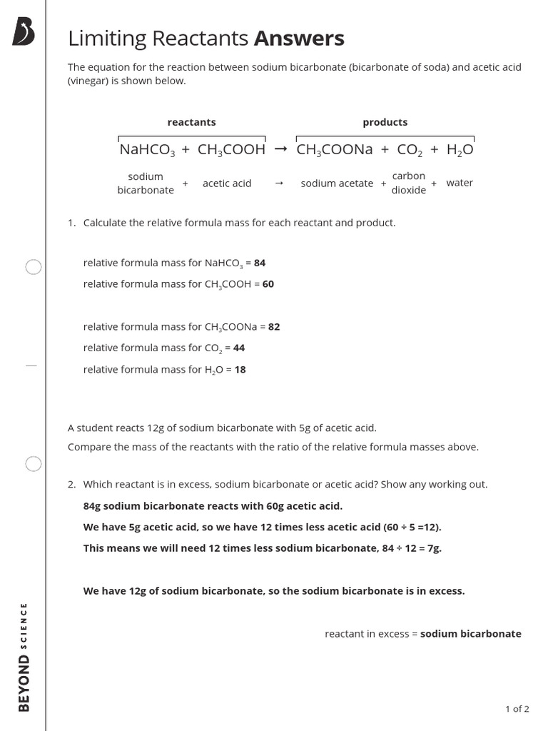 Limiting Reactants Answers | PDF | Sodium Bicarbonate | Acid