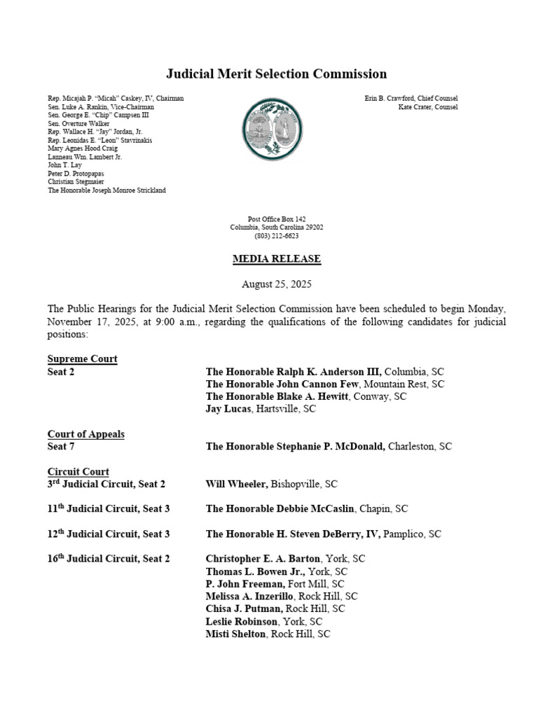 SC Judicial Candidates 2025 | PDF | Testimony | Judiciaries