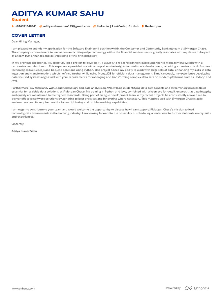 JPMorgan Software Engineer II Cover Letter | PDF