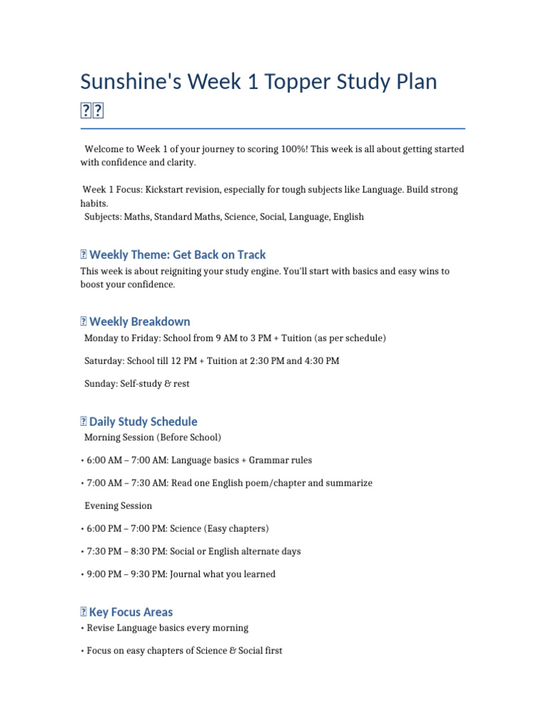 Sunshine Week1 Topper Study Plan | PDF