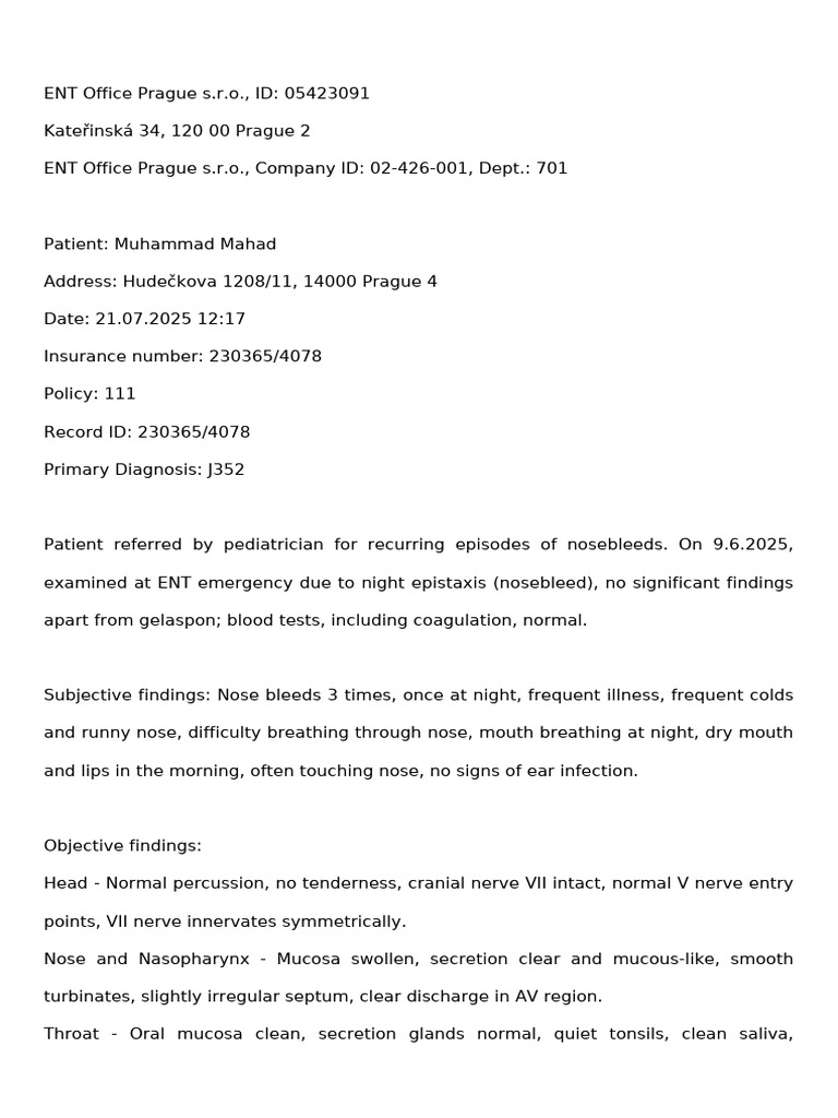 Translated ENT Report for Patient Care | PDF