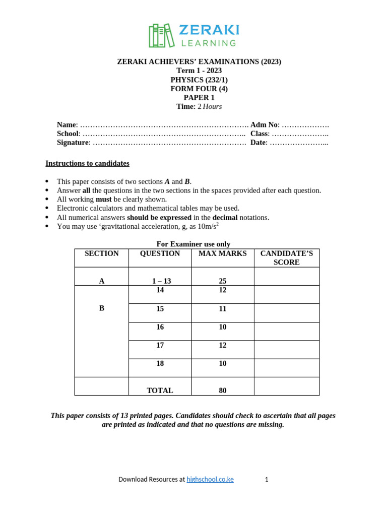 Zeraki Exams 2023 Physics Form 4 Paper 1 - Question Paper | PDF | Heat | Gases