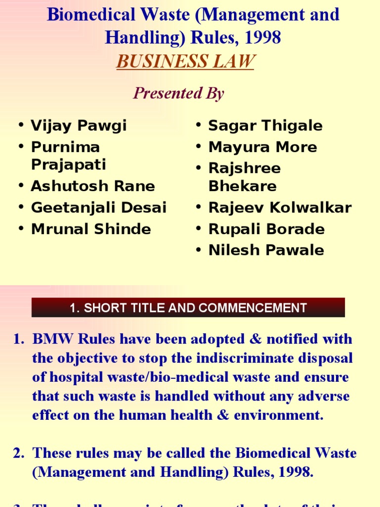 Biomedical Waste Management and Handling Rules, 1998: Guidelines for ...