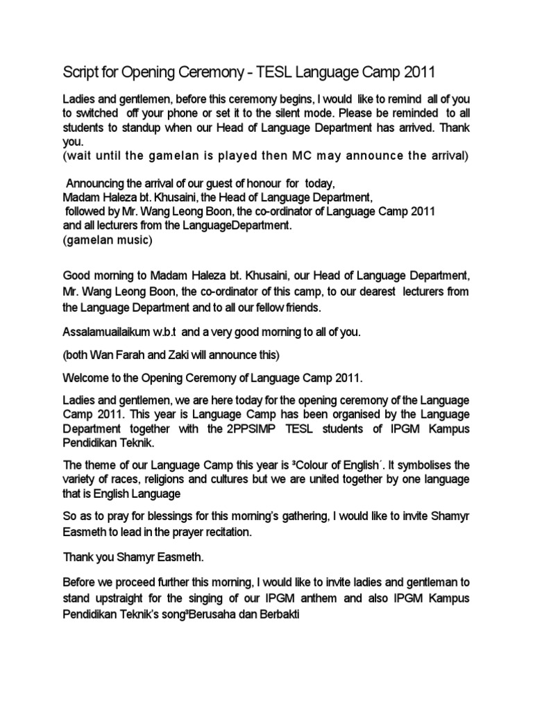 Script for Opening Ceremony - TESL Language Camp 2011