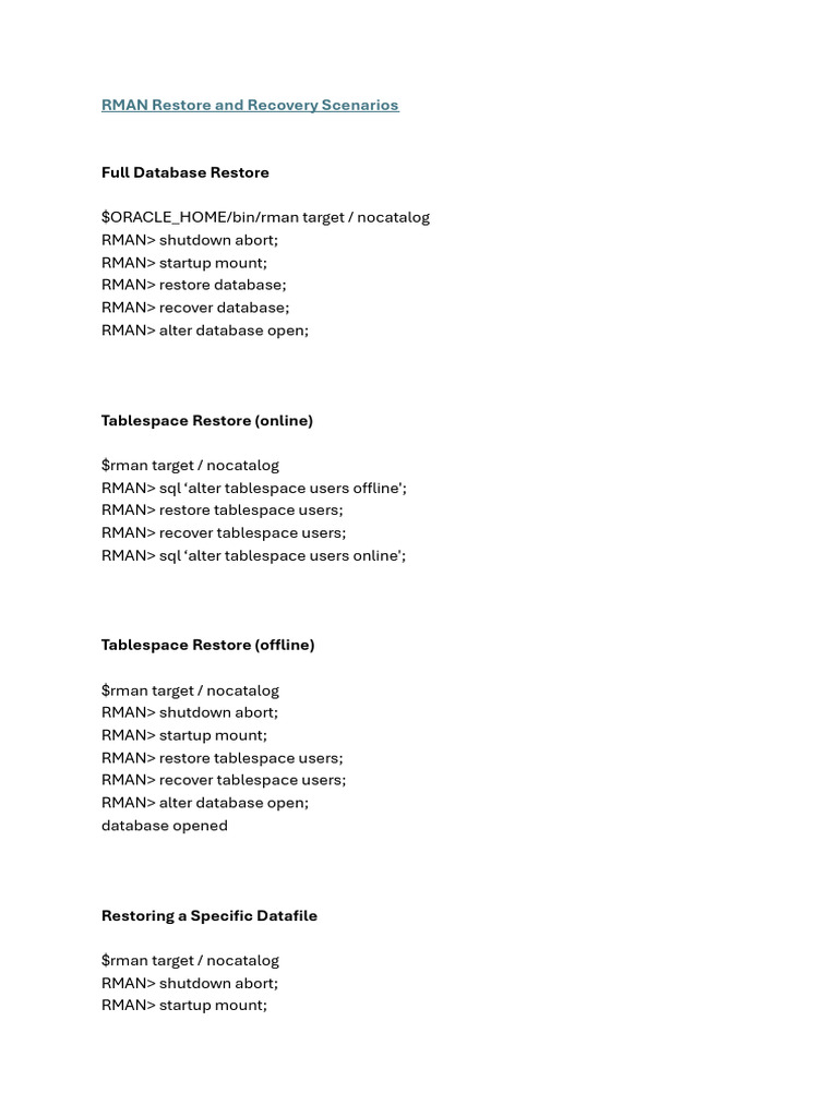 RMAN Restore and Recovery Scenarios | PDF | Backup | Databases