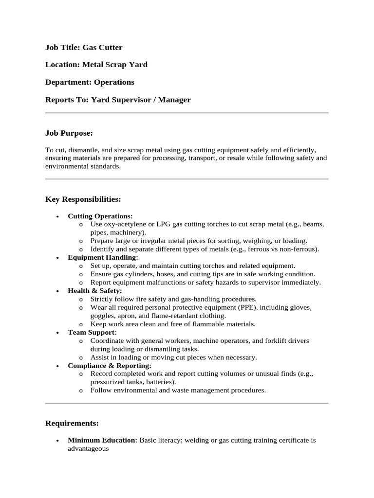 Job Description For A Gas Cutter at A Metal Scrap Yard | PDF