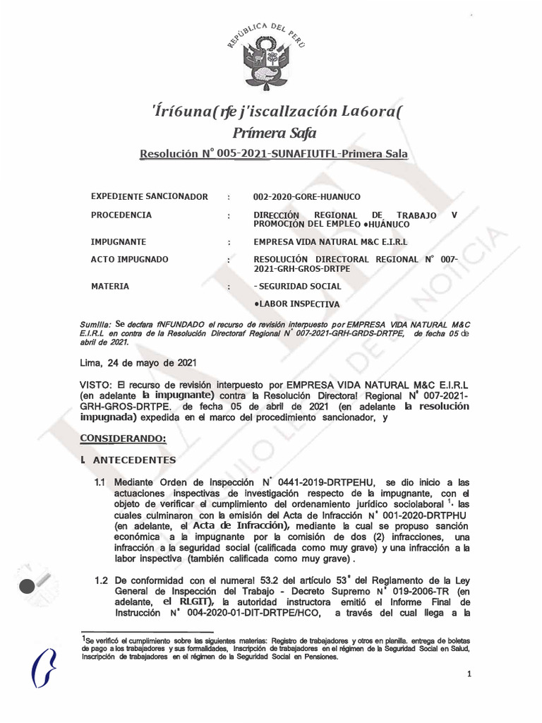 Resolución N 005 2021 Sunafil TFL Primera Sala La Ley | PDF | Regulación | Derecho laboral