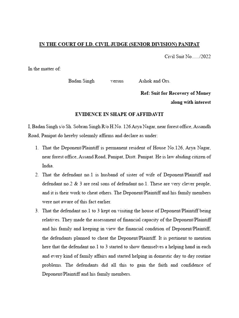 Evidence Affidavit - Badan Singh v. Ashok | PDF