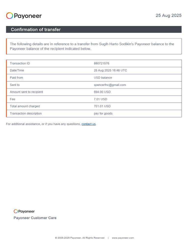 Payoneer Transfer Confirmation Details | PDF
