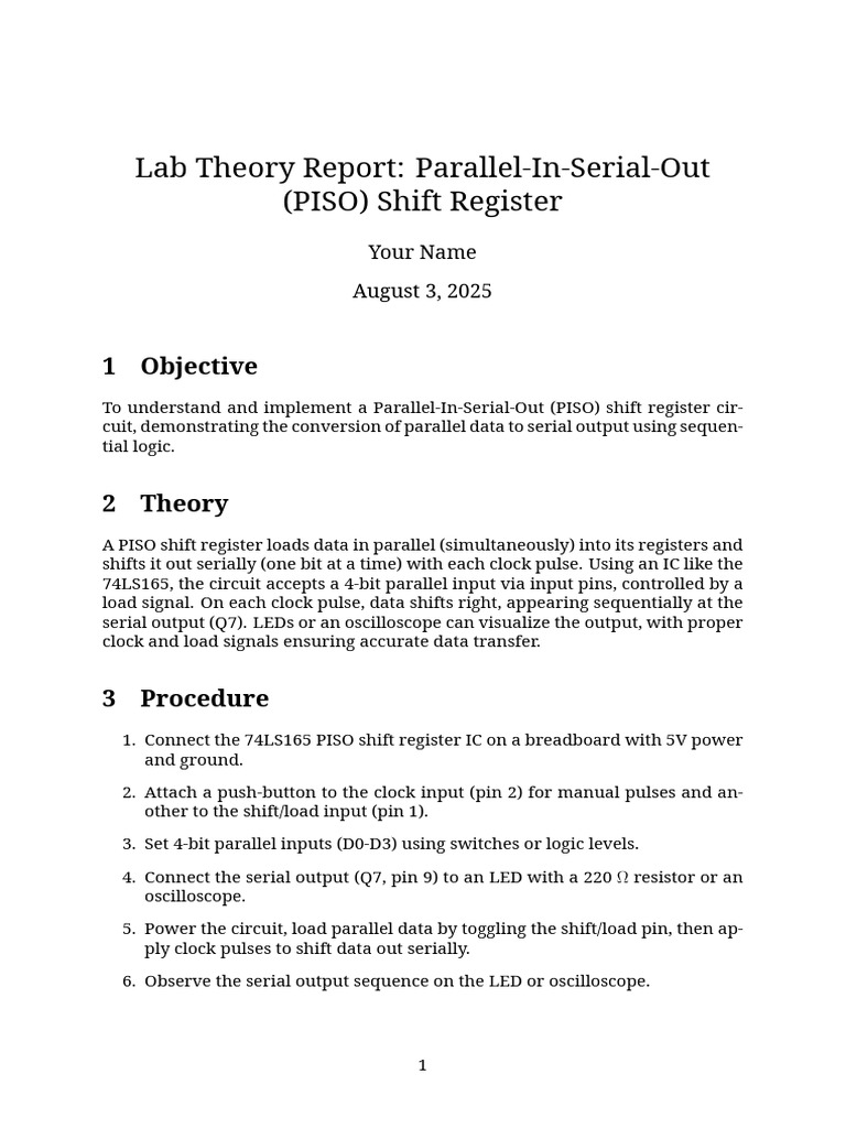 Lab Theory Report: Parallel-In-Serial-Out (PISO) Shift Register | PDF