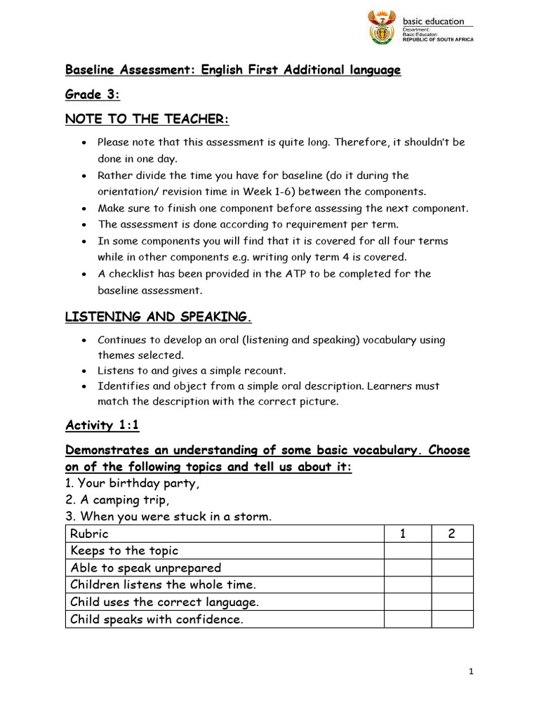 Grade 3 2025 EFAL Baseline Assessment | PDF | Phonics | Linguistics