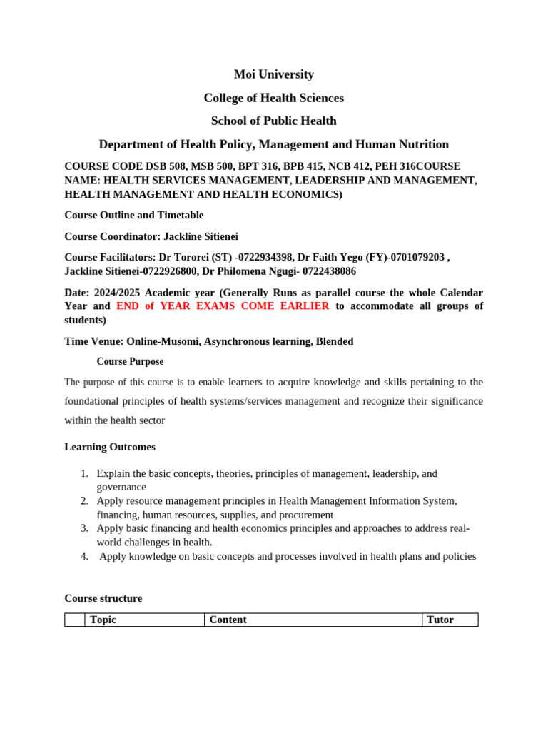 Course Outline HSM 2025 | PDF | Supply Chain | Health Care