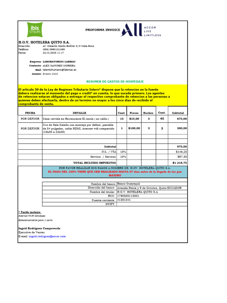 Proforma de Evento LAB LABMAC Fechas Por Definir 3 Noches 15 Pax | PDF | Economias