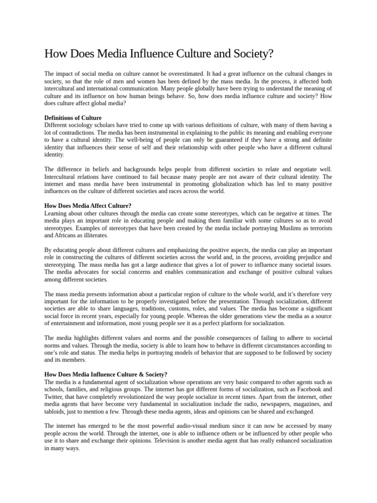 How Media Influences Culture | PDF | Socialization | Identity (Social ...