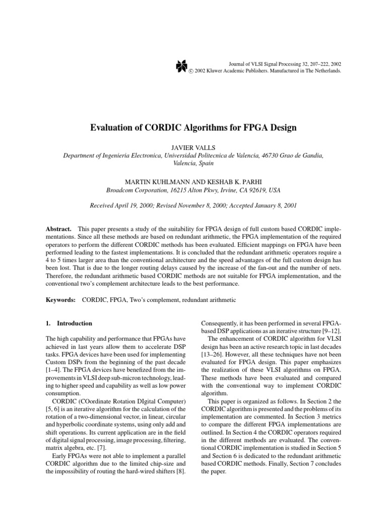 Evaluation Of Cordic Algorithms For Fpga Design Pdf Field