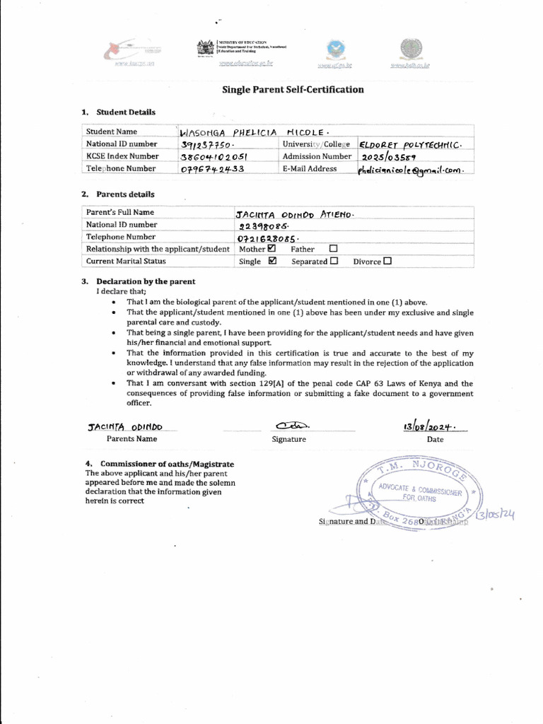 Single Parent Self-Certification | PDF